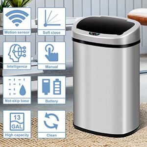 R/E Kitchen Trash Can Garbage Can Stainless Steel Trash Can with Lid 13 Gallon High-Capacity Touchless Trash Can Automatic Garbage Can Fingerprint-Proof for Office Bedroom Bathroom