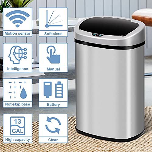 R/E Kitchen Trash Can Garbage Can Stainless Steel Trash Can with Lid 13 Gallon High-Capacity Touchless Trash Can Automatic Garbage Can Fingerprint-Proof for Office Bedroom Bathroom