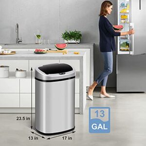 R/E Kitchen Trash Can Garbage Can Stainless Steel Trash Can with Lid 13 Gallon High-Capacity Touchless Trash Can Automatic Garbage Can Fingerprint-Proof for Office Bedroom Bathroom