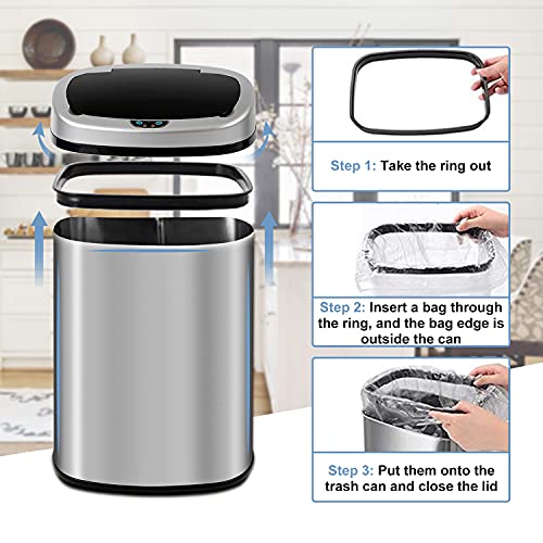 R/E Kitchen Trash Can Garbage Can Stainless Steel Trash Can with Lid 13 Gallon High-Capacity Touchless Trash Can Automatic Garbage Can Fingerprint-Proof for Office Bedroom Bathroom