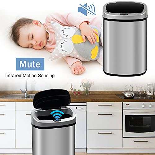 R/E Kitchen Trash Can Garbage Can Stainless Steel Trash Can with Lid 13 Gallon High-Capacity Touchless Trash Can Automatic Garbage Can Fingerprint-Proof for Office Bedroom Bathroom