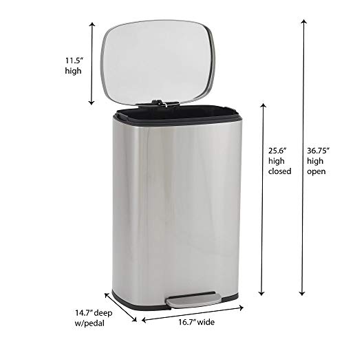 Design Trend Rectangular Stainless Steel Step Trash Can with Soft Close Lid | 50 Liter / 13 Gallon, Silver