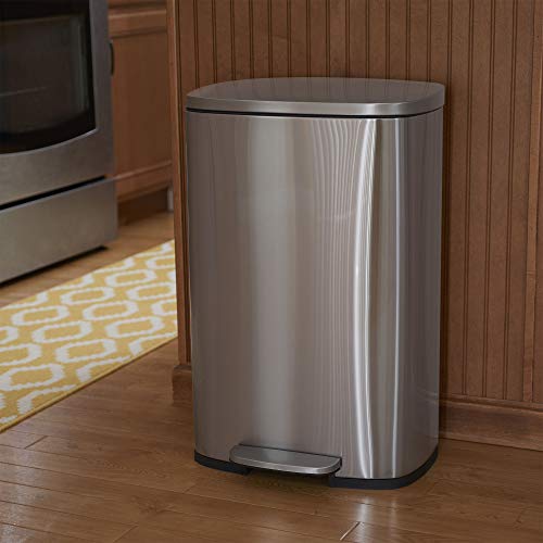 Design Trend Rectangular Stainless Steel Step Trash Can with Soft Close Lid | 50 Liter / 13 Gallon, Silver