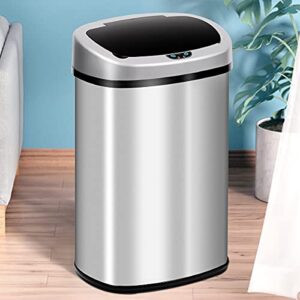 13 gallon touch free automatic stainless steel trash can garbage can 50l metal trash bin with lid for kitchen living room office bathroom ,silver