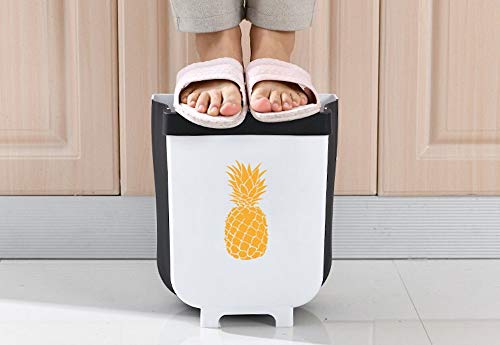 Hanging Trash Can for Kitchen Cabinet Door, Collapsible Trash Bin, Portable Home & Outdoor Garbage Can with Pineapple Logo + Free Large Bamboo Kitchen Dish Cloths(White)