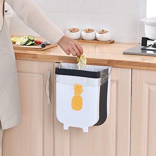 Hanging Trash Can for Kitchen Cabinet Door, Collapsible Trash Bin, Portable Home & Outdoor Garbage Can with Pineapple Logo + Free Large Bamboo Kitchen Dish Cloths(White)