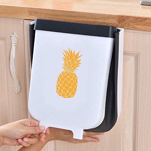 Hanging Trash Can for Kitchen Cabinet Door, Collapsible Trash Bin, Portable Home & Outdoor Garbage Can with Pineapple Logo + Free Large Bamboo Kitchen Dish Cloths(White)