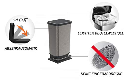 Rotho Paso Rubbish Bin Odour-Proof Plastic (PP) in Stainless Steel Look Pedal Mechanism for Opening the Waste Bin, Hexagon, 40 litres