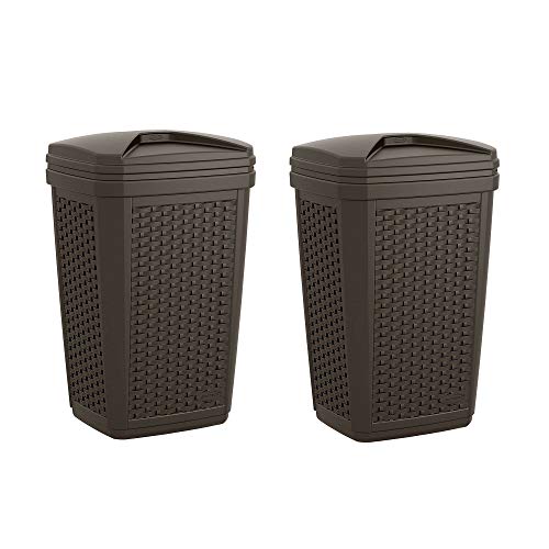 Suncast 30 Gallon Resin Wicker Decorative Outdoor Trash Hideaway, Java (2 Pack)