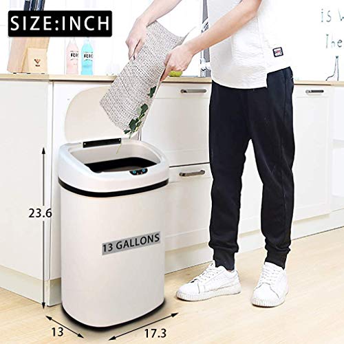 13 Gallon Trash Can Kitchen Garbage Can Waste Bin with Lid Automatic Garbage Bins Touchless Stainless Steel Sensor Trash Can for Home Office Bedroom Living Room, White