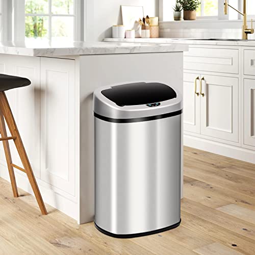 Kitchen Trash Can Stainless Steel Garbage Trash Can 13 Gallon / 50L Automatic Touch Free High-Capacity Garbage Can with Lid Home Bathroom Office Restroom Brushed Large Dustbin,Silver