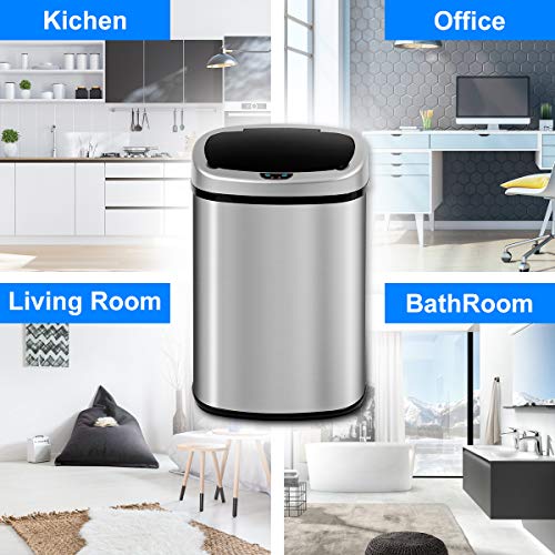 Kitchen Trash Can Stainless Steel Garbage Trash Can 13 Gallon / 50L Automatic Touch Free High-Capacity Garbage Can with Lid Home Bathroom Office Restroom Brushed Large Dustbin,Silver