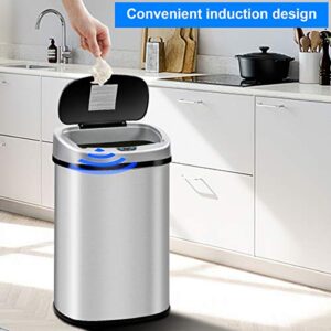 Kitchen Trash Can Stainless Steel Garbage Trash Can 13 Gallon / 50L Automatic Touch Free High-Capacity Garbage Can with Lid Home Bathroom Office Restroom Brushed Large Dustbin,Silver