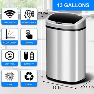 Kitchen Trash Can Stainless Steel Garbage Trash Can 13 Gallon / 50L Automatic Touch Free High-Capacity Garbage Can with Lid Home Bathroom Office Restroom Brushed Large Dustbin,Silver