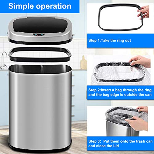 Kitchen Trash Can Stainless Steel Garbage Trash Can 13 Gallon / 50L Automatic Touch Free High-Capacity Garbage Can with Lid Home Bathroom Office Restroom Brushed Large Dustbin,Silver