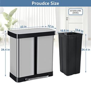 Kitchen Trash Can Stainless Steel 16 Gallon/ 60L Step Garbage Bin Dual Compartment Trash Bin Rectangular Classified Pedal Step Recycle Garbage Can Rubbish Bin w/ Lid & Removable Inner Buckets(2X30L)