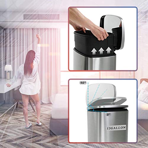 Kitchen Trash Can with Lid for Office Bedroom Bathroom Step Trash Bin Fingerprint-Proof Garbage Bin Brushed Stainless Steel 13 Gallon / 50 Liter