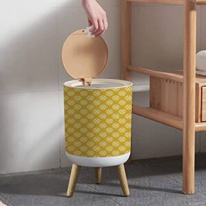 Press Cover Round Trash Bin with Legs Raster Geometric Floral Seamless in Mustard Yellow Color Simple Push Top Trash Can with Lid Dog Proof Garbage Can Wastebasket for Living Room 7L/1.8 Gallon