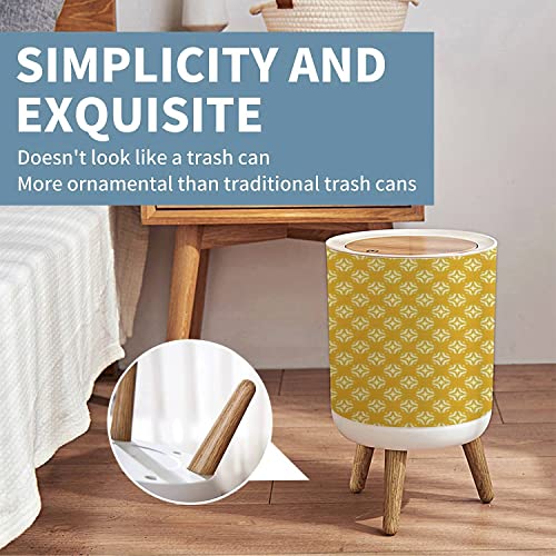 Press Cover Round Trash Bin with Legs Raster Geometric Floral Seamless in Mustard Yellow Color Simple Push Top Trash Can with Lid Dog Proof Garbage Can Wastebasket for Living Room 7L/1.8 Gallon