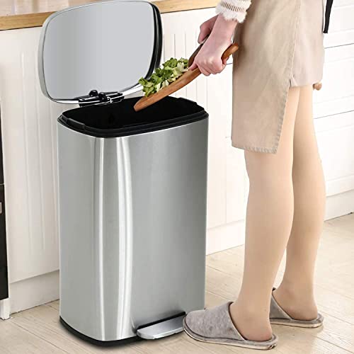 Hkeli Kitchen Trash 13 Gallon Brushed Stainless Steel Step Garbage Can with Soft Slow Lid Pedal Trash Can High Capacity 50 Liter Waste Bin for Bathroom Bedroom Home Office