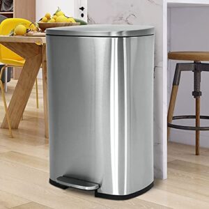 tyyps step trash can 13 gallon/50l stainless steel rectangular kitchen metal garbage recycle dustbin container with lid removable inner pedal handle for home office bathroom restroom, silver