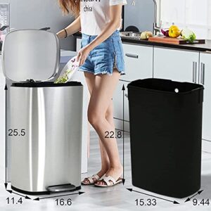 Tyyps Step Trash Can 13 Gallon/50L Stainless Steel Rectangular Kitchen Metal Garbage Recycle Dustbin Container with lid Removable Inner Pedal Handle for Home Office Bathroom Restroom, Silver