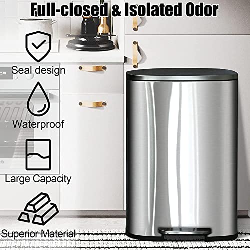 Tyyps Step Trash Can 13 Gallon/50L Stainless Steel Rectangular Kitchen Metal Garbage Recycle Dustbin Container with lid Removable Inner Pedal Handle for Home Office Bathroom Restroom, Silver