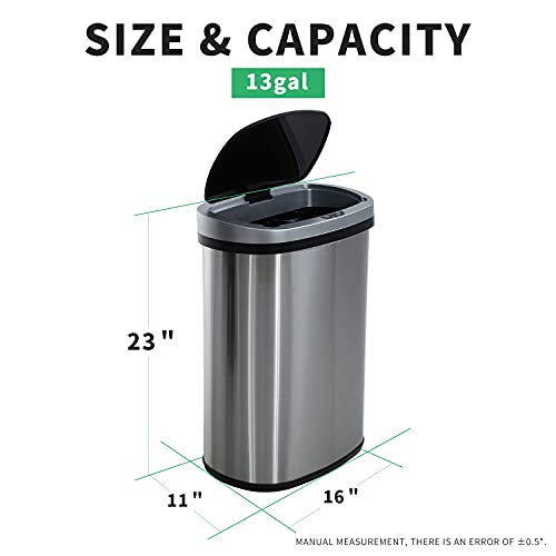 HCY Trash Can, 13 Gallon Automatic Waste Bin Mute Metal Garbage Can with Lid Stainless Steel 50 Liter for Kitchen, Office, Bedroom, Bathroom, Living Room (Stainless Steel)