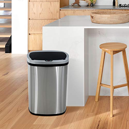 HCY Trash Can, 13 Gallon Automatic Waste Bin Mute Metal Garbage Can with Lid Stainless Steel 50 Liter for Kitchen, Office, Bedroom, Bathroom, Living Room (Stainless Steel)