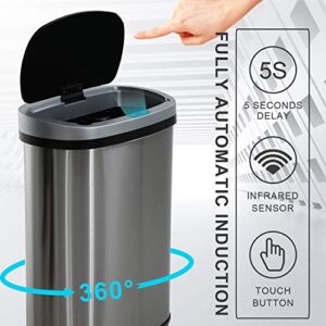 HCY Trash Can, 13 Gallon Automatic Waste Bin Mute Metal Garbage Can with Lid Stainless Steel 50 Liter for Kitchen, Office, Bedroom, Bathroom, Living Room (Stainless Steel)