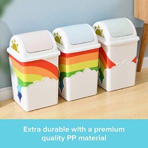 Rainbow Trash Can - Cute Waste Basket for Kids Room - 9.6”x9.6”x15.7” Indoor Swing Top Trash Can with Lid - Garbage Can for School & Daycare - Swivel Touchless Garbage Cans - White Plastic Trash Can