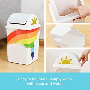 Rainbow Trash Can - Cute Waste Basket for Kids Room - 9.6”x9.6”x15.7” Indoor Swing Top Trash Can with Lid - Garbage Can for School & Daycare - Swivel Touchless Garbage Cans - White Plastic Trash Can