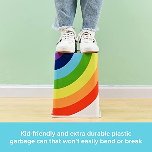 Rainbow Trash Can - Cute Waste Basket for Kids Room - 9.6”x9.6”x15.7” Indoor Swing Top Trash Can with Lid - Garbage Can for School & Daycare - Swivel Touchless Garbage Cans - White Plastic Trash Can