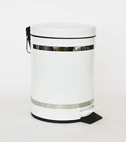 AQ Round Metal 5 Liter/1.3 Gallon Step Trash Can with Removable Liner, Small Garbage Pedal Waste Bin for Bathroom, Bedroom, Craft Room or Office - White & Chrome