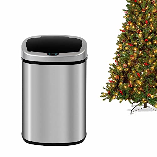 HHS Kitchen Trash Can Touch Free Automatic Stainless Steel Waste Bin 13 Gallon Metal Garbage Can with Lid 50 Liter Large Capacity Brushed Motion Sensor Trash Can for Kitchen Office Bedroom, Silver.