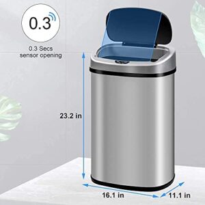 HHS Kitchen Trash Can Touch Free Automatic Stainless Steel Waste Bin 13 Gallon Metal Garbage Can with Lid 50 Liter Large Capacity Brushed Motion Sensor Trash Can for Kitchen Office Bedroom, Silver.