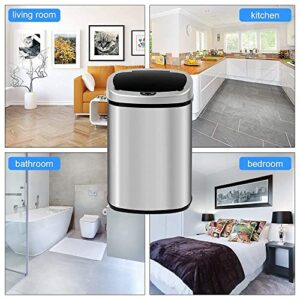 HHS Kitchen Trash Can Touch Free Automatic Stainless Steel Waste Bin 13 Gallon Metal Garbage Can with Lid 50 Liter Large Capacity Brushed Motion Sensor Trash Can for Kitchen Office Bedroom, Silver.