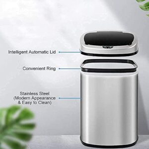 HHS Kitchen Trash Can Touch Free Automatic Stainless Steel Waste Bin 13 Gallon Metal Garbage Can with Lid 50 Liter Large Capacity Brushed Motion Sensor Trash Can for Kitchen Office Bedroom, Silver.