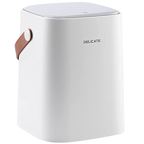 Nordic Style Garbage Can - Double Barrel Trash Can - Plastic Trash Can w/ One Press Lid - 10L/2.6Gal Waste Basket w/ Leather Handle - Modern Recycling Bins for Kitchen - Bathroom Trash Can in White