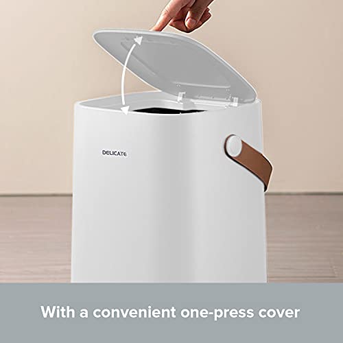 Nordic Style Garbage Can - Double Barrel Trash Can - Plastic Trash Can w/ One Press Lid - 10L/2.6Gal Waste Basket w/ Leather Handle - Modern Recycling Bins for Kitchen - Bathroom Trash Can in White