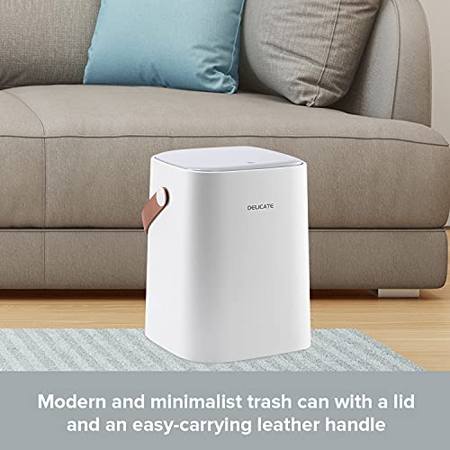 Nordic Style Garbage Can - Double Barrel Trash Can - Plastic Trash Can w/ One Press Lid - 10L/2.6Gal Waste Basket w/ Leather Handle - Modern Recycling Bins for Kitchen - Bathroom Trash Can in White