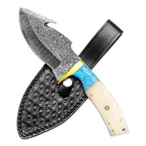 lara eagle damascus skinner gut hook knife, damascus handmade fixed blade hunting knife with camel bone and turquoise handle, full tang handmade viking knife for men, best for hunting/camping.