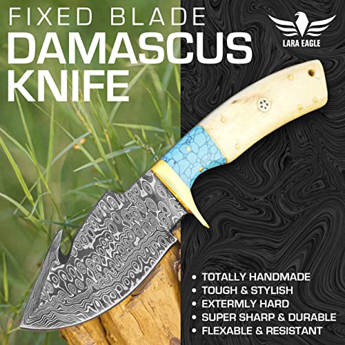 Lara Eagle Damascus Skinner Gut hook Knife, Damascus Handmade Fixed Blade Hunting Knife With Camel Bone and Turquoise Handle, Full Tang Handmade Viking Knife For Men, Best for Hunting/Camping.