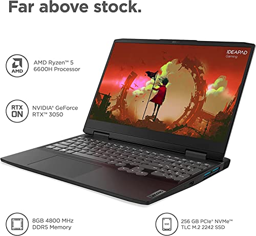 Lenovo IdeaPad 3 Gaming Laptop, NVIDIA GeForce RTX 3050, AMD Ryzen 5 6600H(Beat i7-11700) , 16GB DDR5 RAM, 512GB SSD, 15.6 Inch FHD Display, Wi-Fi, Windows 11 Home, Bundle with JAWFOAL