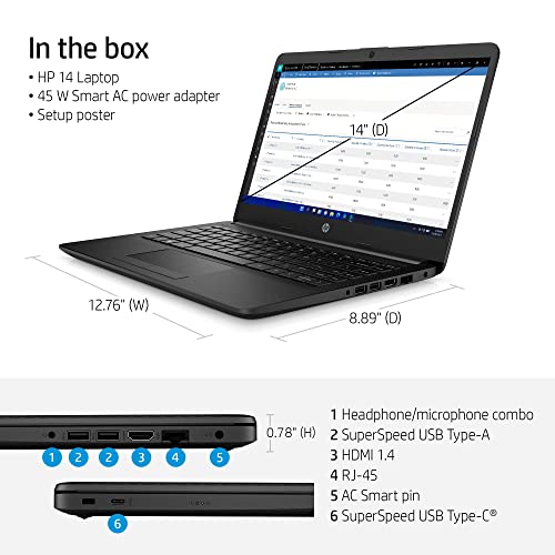 HP Stream Laptop, 14" HD Display, Intel Celeron N4120 Processor, 8GB Memory, 128GB Storage (64GB eMMC + 64GB Card), Webcam, HDMI, Wi-Fi, USB-C, Windows 11 Home, Jet Black, JVQ MP