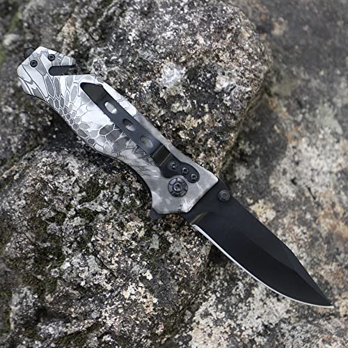 PHOELUXE Pocket Folding Knife –EDC Knife,Tactical Knife,Hunting Knife. Feather pattern aluminum handle 3Cr13Mov Blade. Speed Safe Spring Assisted Opening Knifes with Liner Lock,Thumb Stud,Rope Cutter,Glass Breaker and Pocketclip for Indoor Outdoor