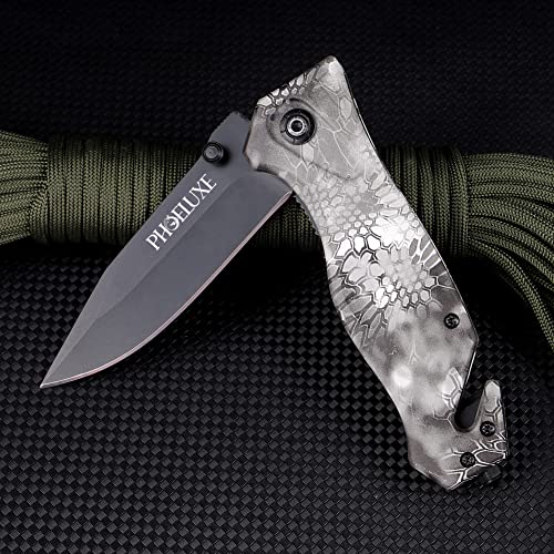 PHOELUXE Pocket Folding Knife –EDC Knife,Tactical Knife,Hunting Knife. Feather pattern aluminum handle 3Cr13Mov Blade. Speed Safe Spring Assisted Opening Knifes with Liner Lock,Thumb Stud,Rope Cutter,Glass Breaker and Pocketclip for Indoor Outdoor