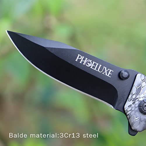 PHOELUXE Pocket Folding Knife –EDC Knife,Tactical Knife,Hunting Knife. Feather pattern aluminum handle 3Cr13Mov Blade. Speed Safe Spring Assisted Opening Knifes with Liner Lock,Thumb Stud,Rope Cutter,Glass Breaker and Pocketclip for Indoor Outdoor