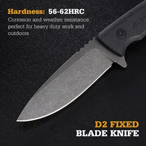 FLISSA Fixed Blade Hunting Knife, 8.5" Full Tang D2 Blade, G10 Handle, Camping Survival Knife with Nylon Sheath, for Outdoor Hiking Fishing