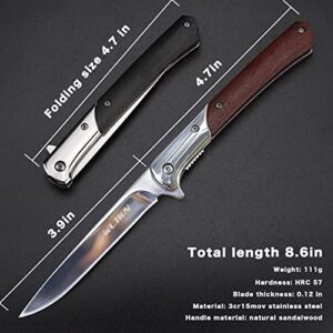 Wlikn Pocket Folding Knife with Belt Clip, 8.6in 3Cr15MoV Stainless Steel Blade Camping Knife, Wood Handle, EDC Outdoor Hunting Tactical Folding Knife Low Profile Slim Pocket Knife for Men